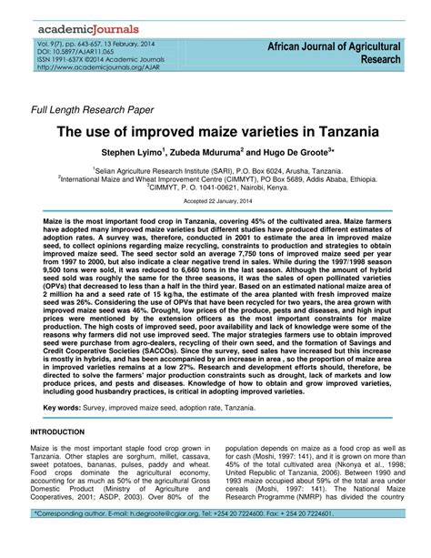 Pdf The Use Of Improved Maize Varieties In Tanzania