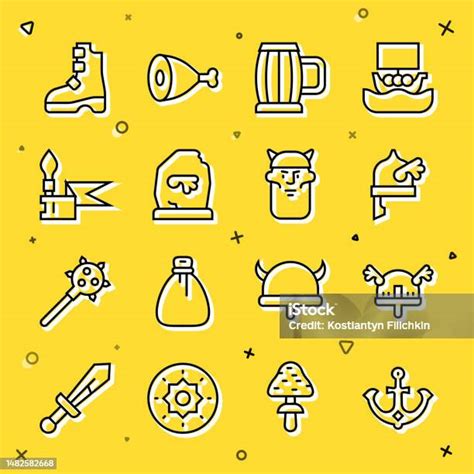 뿔 달린 헬멧을 쓴 바이킹 나무 맥주잔 마법의 룬 중세 창 고대 바이킹 부츠 머리 아이콘을 설정합니다 벡터 가방에 대한 스톡 벡터 아트 및 기타 이미지 Istock