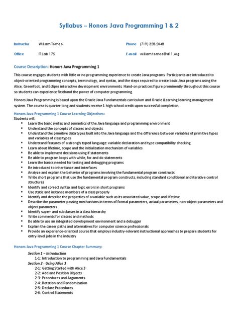 Java Fundamentals Java Programming Syllabus Rev Spring 2018 Pdf Class Computer Programming