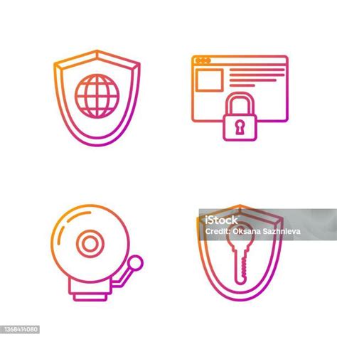 키와 라인 방패를 설정 울리는 알람 벨 세계 지구와 방패와 Ssl와 사이트를 확보 그라데이션 색상 아이콘입니다 벡터 0명에 대한 스톡 벡터 아트 및 기타 이미지