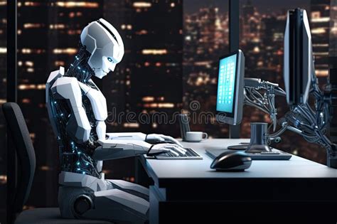 3d Rendering Humanoid Robot Working With Computer In Modern Office At Night Humanoid Robot