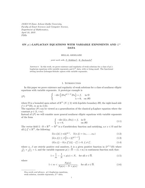 Pdf On Pcdot Laplacian Equations With Variables Exponents And Lm Data