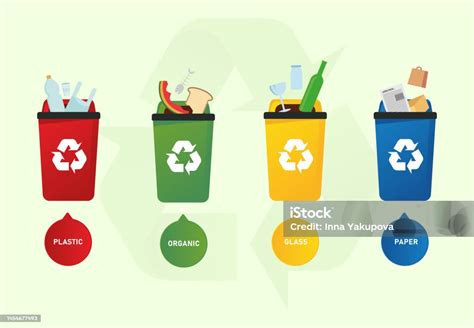 분류된 쓰레기가 있는 쓰레기통 4개 생태 및 재활용 개념 인포그래픽 전단지 포스터에 대한 그래픽 템플릿입니다 벡터 그림입니다 0명에 대한 스톡 벡터 아트 및 기타 이미지