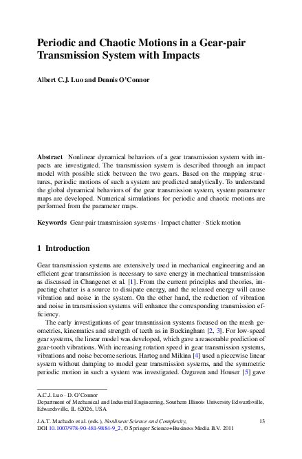Pdf Periodic And Chaotic Motions In A Gear Pair Transmission System With Impacts Albert Luo