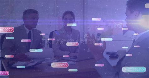 In Office Diverse Professionals In Business Meeting With Digital Data Animation Overlay Stock