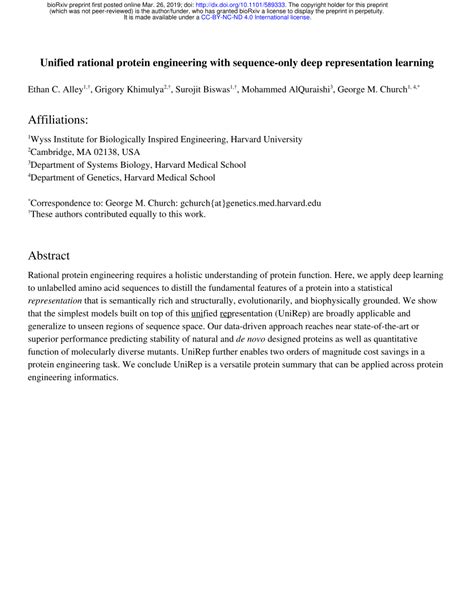 PDF Unified Rational Protein Engineering With Sequence Only Deep Representation Learning