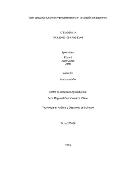 Taller Aplicando Funciones Y Procedimientos En La Solución De