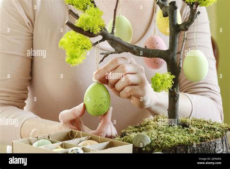 Florist At Work Woman Shows How To Make Easter Decoration In Tree