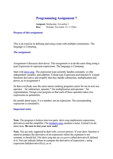 programming assignment 7 the language is cinnameg the assignment