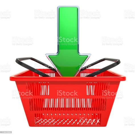 장바구니에 추가 개념입니다 녹색 화살표가 있는 장바구니 흰색 배경에 고립 된 3d 렌더링 3차원 형태에 대한 스톡 사진 및 기타 이미지 Istock