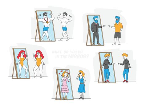 Set Of People Looking At Mirror Reflection Self Assessment And