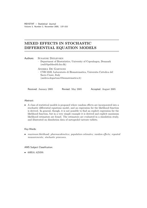 Pdf Mixed Effects In Stochastic Differential Equation Models