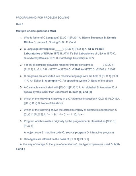 Programming FOR Problem Solving ONE MARK Questions PROGRAMMING FOR PROBLEM SOLVING Unit