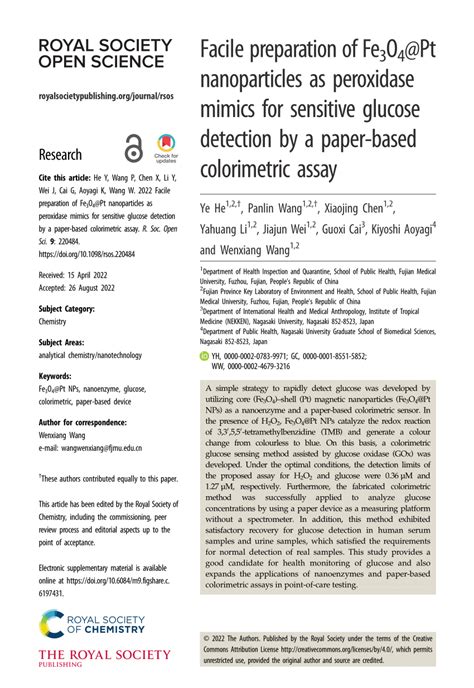 [pdf] Facile Preparation Of Fe3o4 Pt Nanoparticles As Peroxidase Mimics For Sensitive Glucose