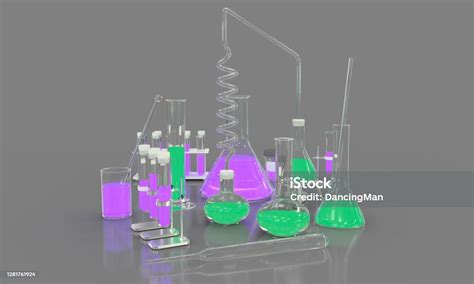 회색 배경에 고립 된 녹색과 분홍색 액체가있는 실험실 테스트 튜브 및 기타 과학 용 유리 제품 대학 개념 개체의 3d 그림 3차원 형태에 대한 스톡 사진 및 기타 이미지