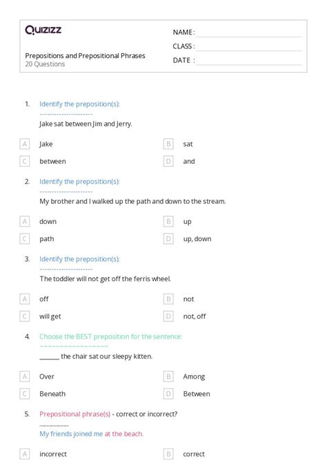 50 Prepositional Phrases Worksheets For 6th Grade On Quizizz Free And Printable