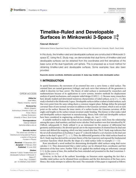 Pdf Timelike Ruled And Developable Surfaces In Minkowski 3 Space E 1 3