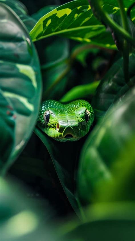 A Striking Green Python With Intense Eyes Hides Within The Shadows Of