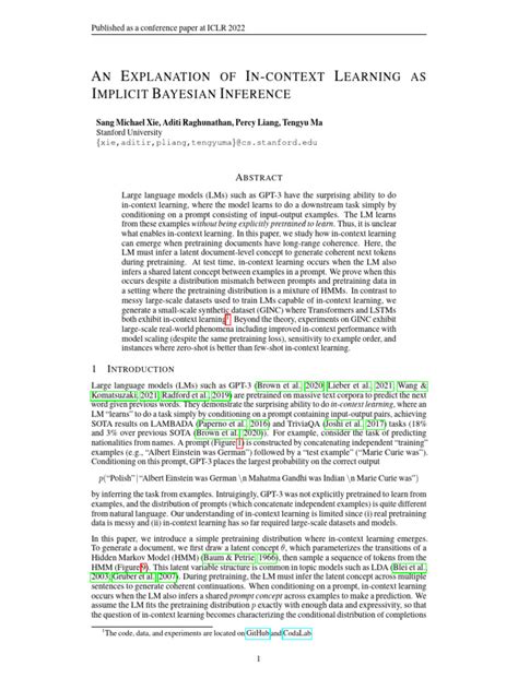 An Explanation Of In Context Learning As Implicit Bayesian Inference