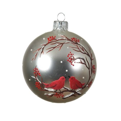 Kaemingk Matt Silver With Red Birds Glass Bauble
