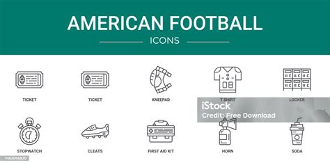 티켓 티켓 무릎 보호대 티셔츠 사물함 스톱워치 클리트 벡터 아이콘과 같은 10 개의 개요 웹 미식 축구 아이콘 세트 보고서 프리젠 테이션 다이어그램 웹 디자인 모바일