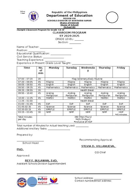 Classroom Program Template For Grades 5 And 6 Sy 2024 Studocu