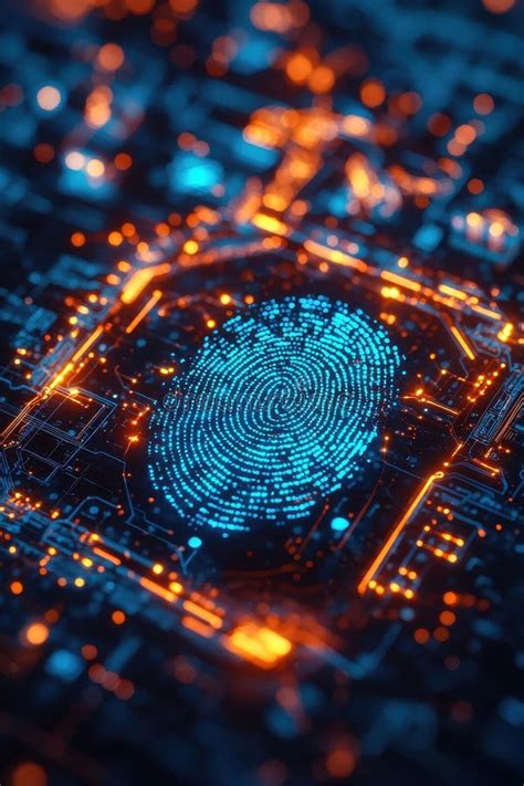 Futuristic Fingerprint Scan On Illuminated Electronic Circuit Board Featuring Vibrant Blue And