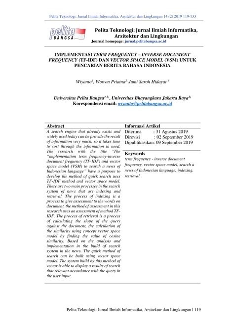 Pdf Implementasi Term Frequency Inverse Document Frequency Tf Idf Dan Vector Space Model