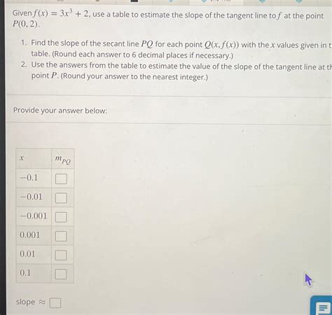 solved given f x 3x3 2 ﻿use a table to estimate the slope