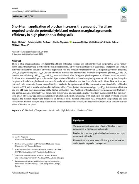 Pdf Short Term Application Of Biochar Increases The Amount Of