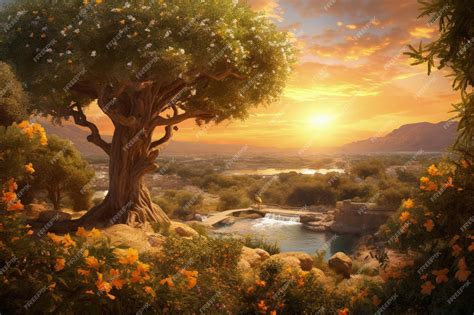 Premium Ai Image Garden Of Eden With Tree Of Life Garden At Sunset Ai