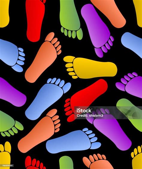 검은 색 배경에 여러 가지 빛깔의 발자국 빨간색 녹색 주황색 보라색 및 노란색 색상의 인간의 흔적 원활한 배경 직물 패턴 섬유 장식 걷기에 대한 스톡 벡터 아트 및 기타