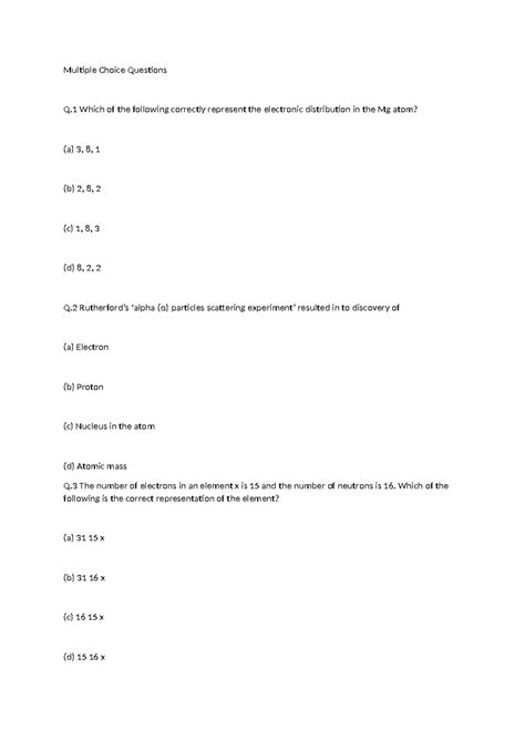 Atomic Structure Multiple Choice Questions Q Which Of The Following Correctly Represent The