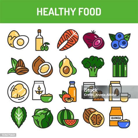 적절한 영양 색상 선 아이콘 세트 건강하고 유기농 식품 격리된 벡터 요소입니다 웹 페이지 모바일 앱 프로모션에 대한 개요 그림 개념에 대한 스톡 벡터 아트 및 기타 이미지