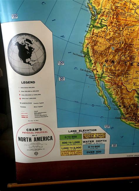 Vintage Crams North America Pull Down Classroom School Wall Map 1985