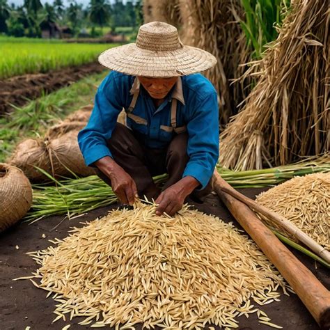 A Farmer At Pacet Indonesia Separating Rice Grains From The Trunk In The Traditional Way