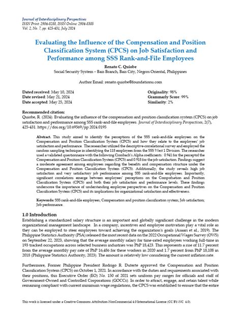 Evaluating The Influence Of The Compensation And Position Classification System Cpcs On Job