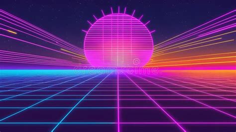 Synthwave Sci Fi Landscape With A Grid Floor And Vibrant Sunset