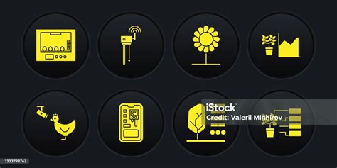 세트 치킨 농장과 카메라 꽃 통계 스마트 제어 농업 시스템 식물 상태 라우터 와이파이 신호 분석 및 계란 아이콘에 대한