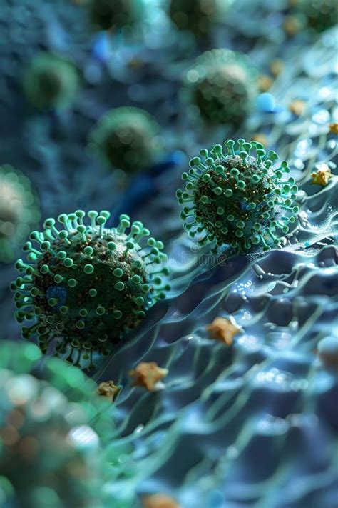 3d Medical Model Of Virus In Cellular Matrix Microscope Angle Generative Ai Illustration Stock