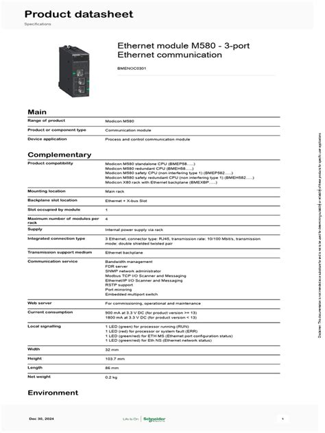 Bms Modicon M580 Plc Bmenoc0301 Specification Sheet Pdf