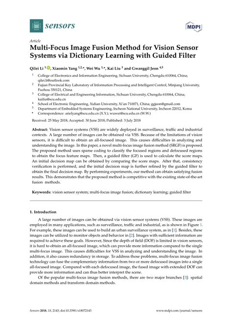 Pdf Multi Focus Image Fusion Method For Vision Sensor Systems Via