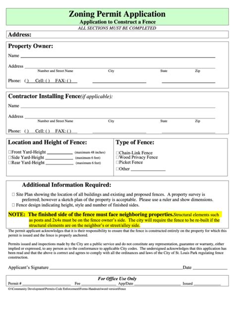 Zoning Permit Application Form Application To Construct A Fence Printable Pdf Download