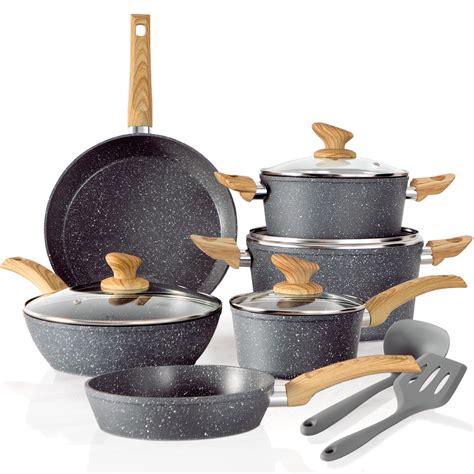 Kitchen Academy Induction Cookware Sets 12 Piece Gray Cooking Pan Set Granite Nonstick Pots
