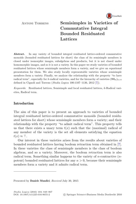 Pdf Semisimples In Varieties Of Commutative Integral Bounded