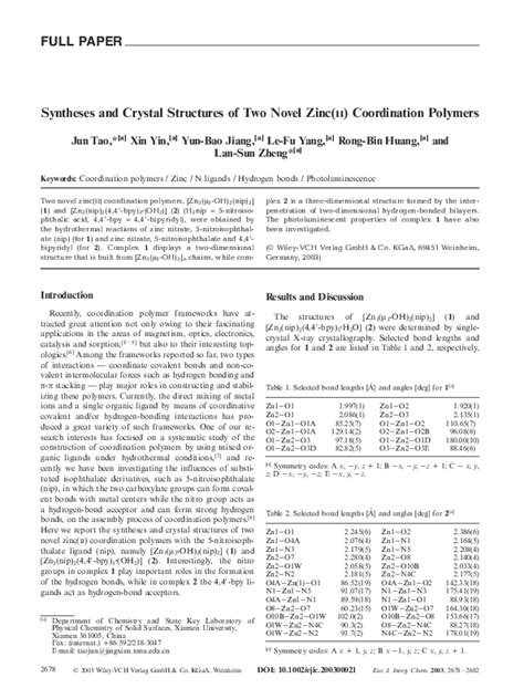 Pdf Syntheses And Crystal Structures Of Two Novel Zinc Ii