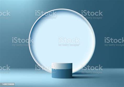 3d 사실적인 제품은 파란색 배경에 흰색 원 배경 최소한의 벽 장면이 있는 파란색과 흰색 연단 스탠드를 표시합니다 0명에 대한