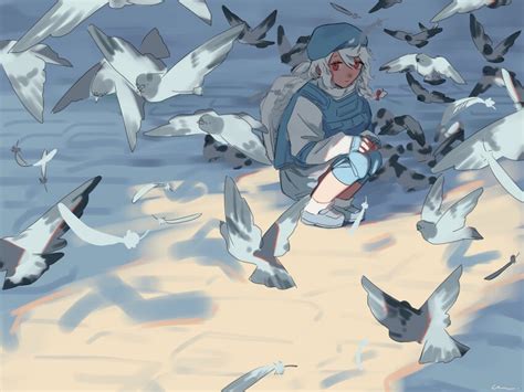 Kanna Love Bullet Love Bullet Highres 1girl Beret Bird Blue Hat Braid Fingerless