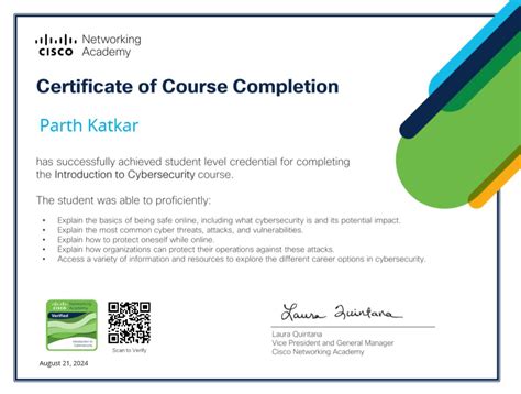 Earned A Cybersecurity Certificate From Cisco Networking Academy