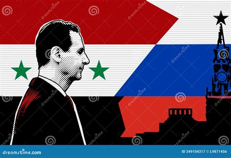 Bashar Al Assad Against The Backdrop Of The Syrian Flag The Russian Flag And The Kremlin